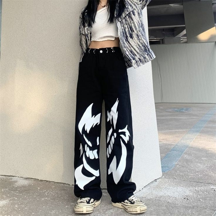 Vintage Y2K Ghost Printed Straight Fit Baggy Loose Wide Leg Black Deni ...